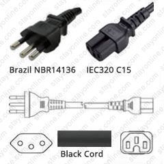 Power Cord Brazil NBR14136 Male Plug to IEC60320 C15 Female 2.5m 10a/250v